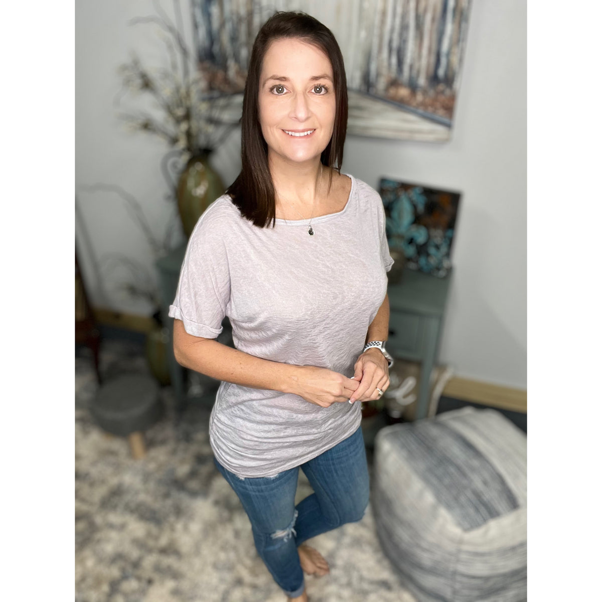 "Clouds Roll In" Wide Boat Neck Dolman Gauze Rolled Sleeve Ruched Side ...